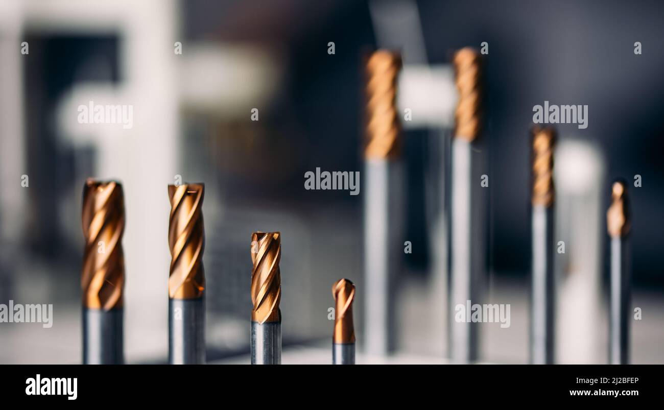 Closeup drill bit set for CNC machine cutting sheet metal, Industrial ...