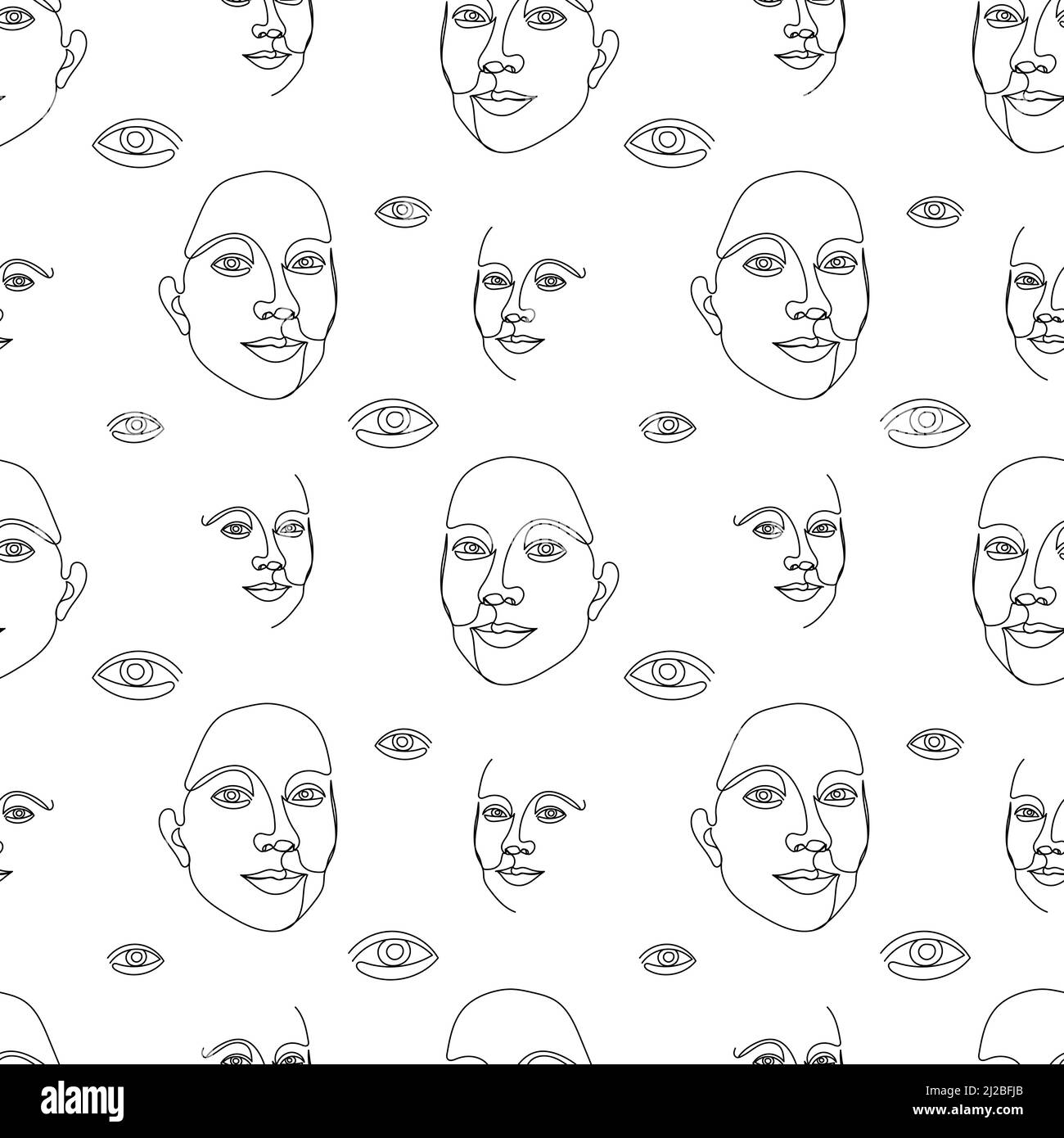 Seamless pattern with one single line drawings of female face Stock ...