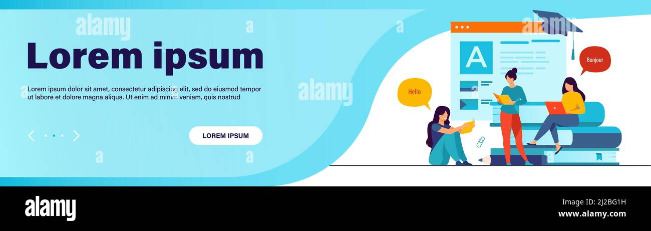 Happy women learning language online isolated flat vector illustration ...