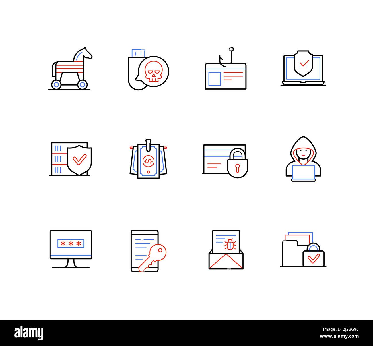 Online data theft and bugs - line design style icons Stock Vector Image ...