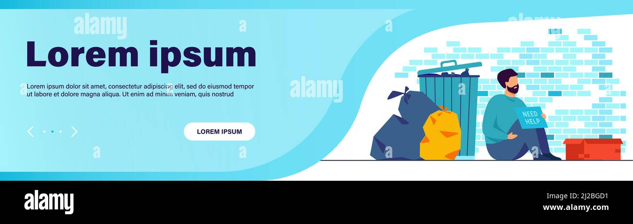 Homeless dirty man sitting on ground with nameplate need help isolated ...