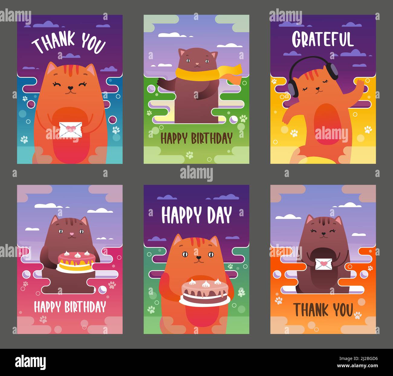 Holiday leaflets with funny cats vector illustration set. Vivid graphic ...