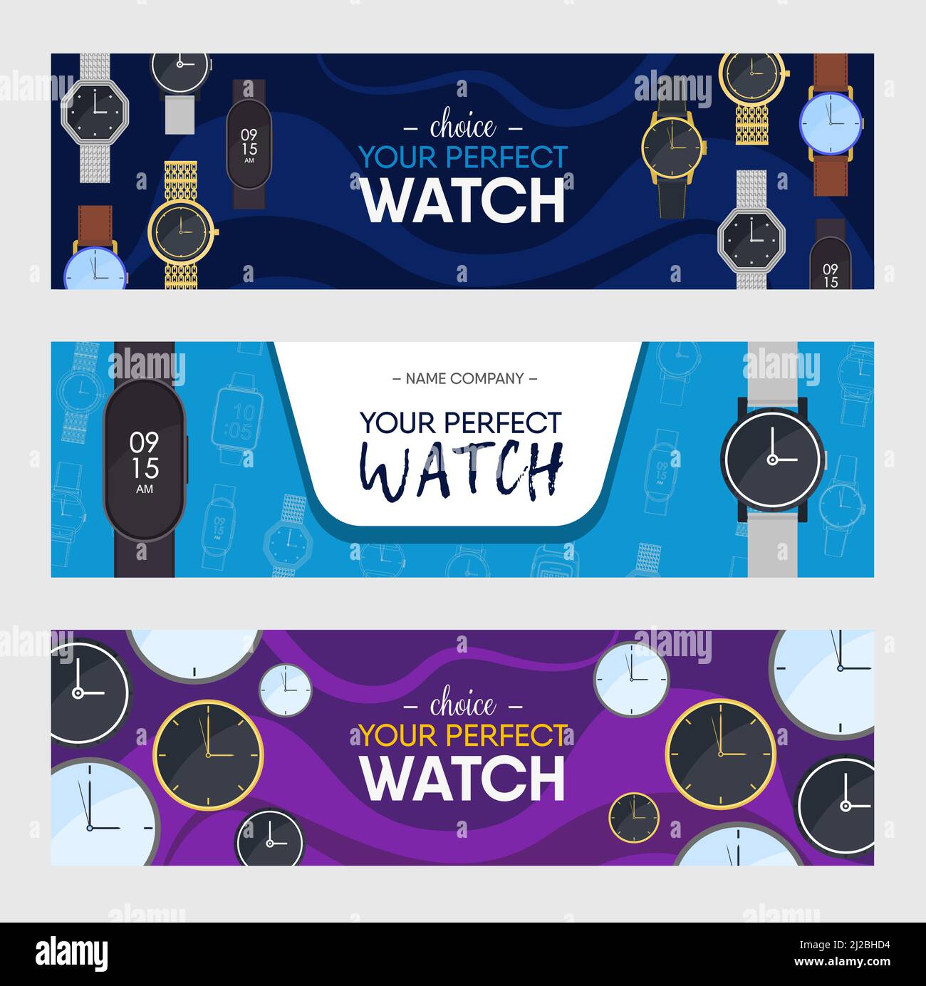 Watches colorful banners design set. Wristwatches of various styles ...