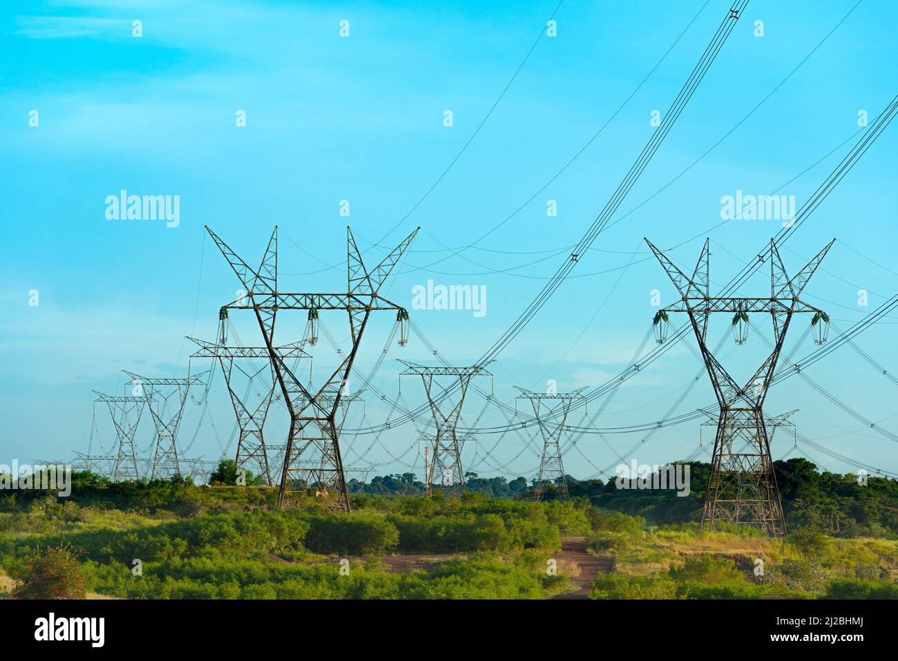 Electric power lines coming out from a Itaipu dam, Parana State, Brazil ...