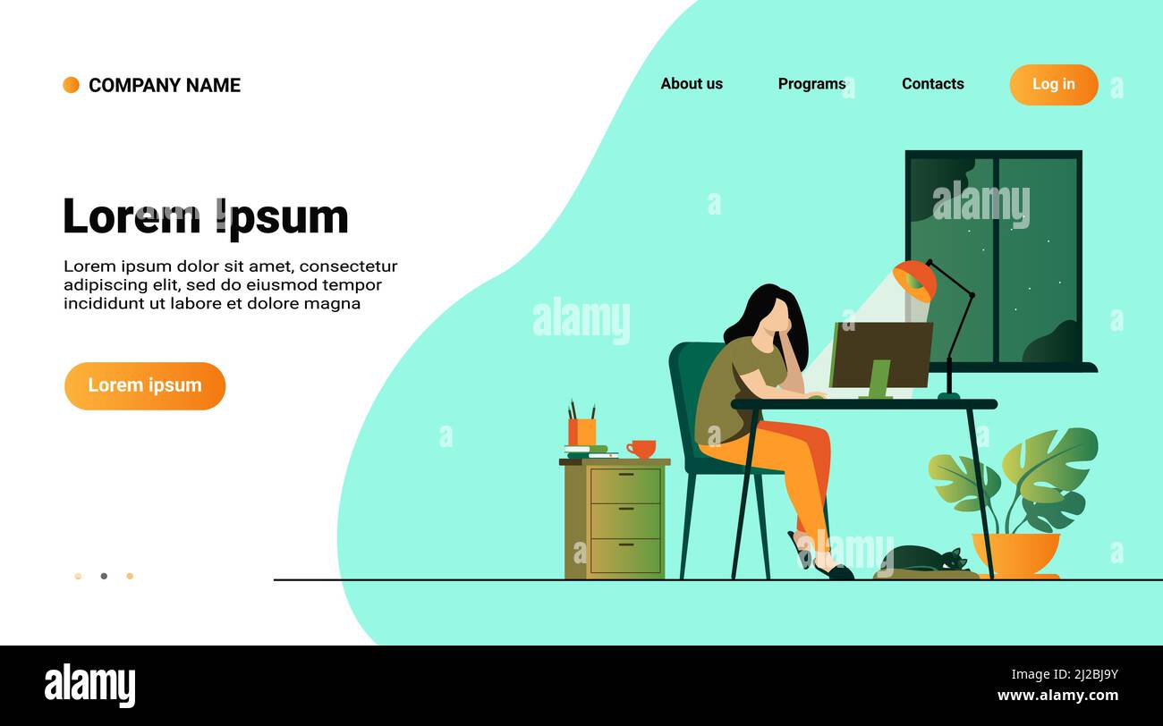 Woman working at night in home office isolated flat vector illustration ...