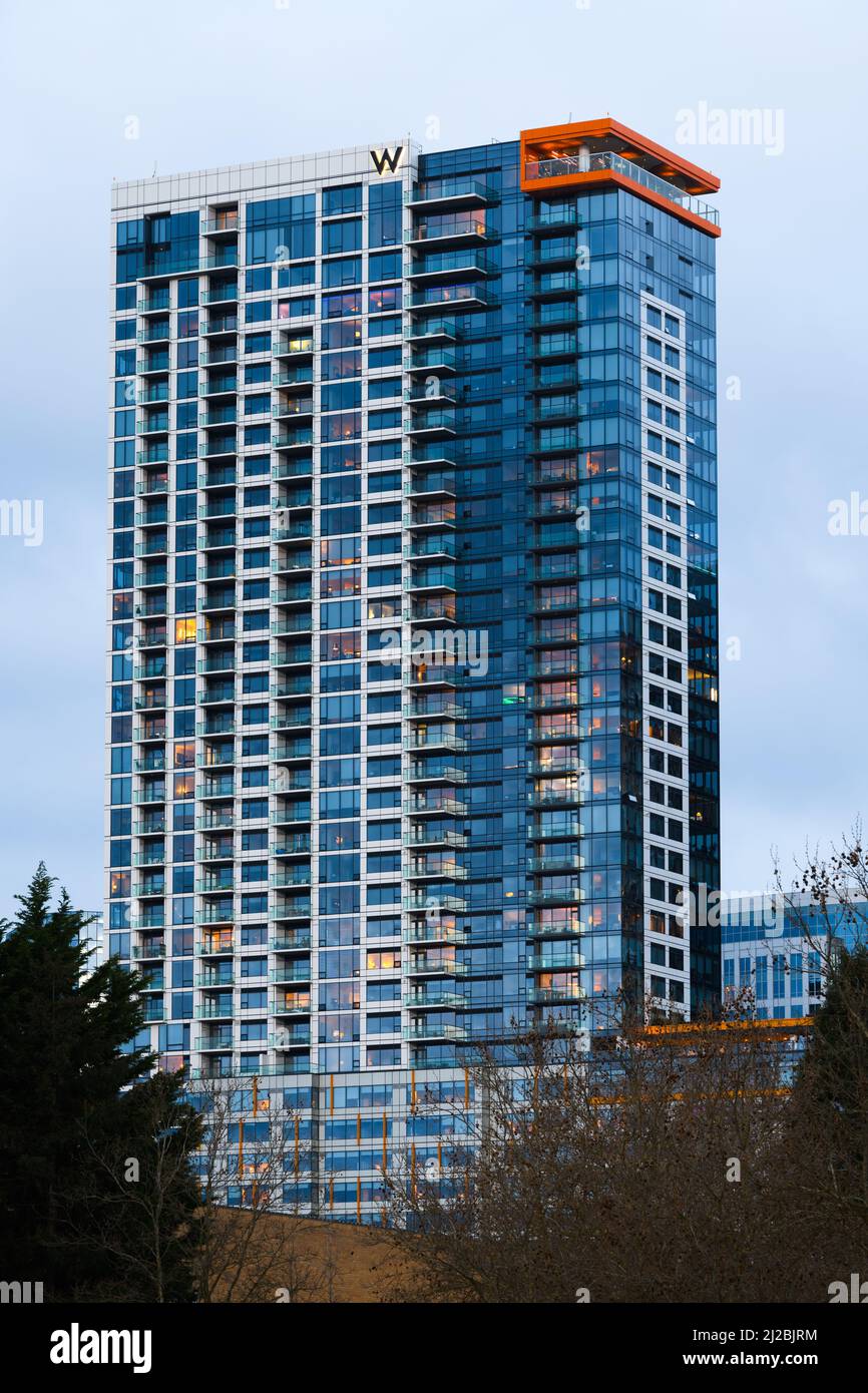 Bellevue, WA, USA - March 29, 2022; W Hotel skyscraper in downtown ...