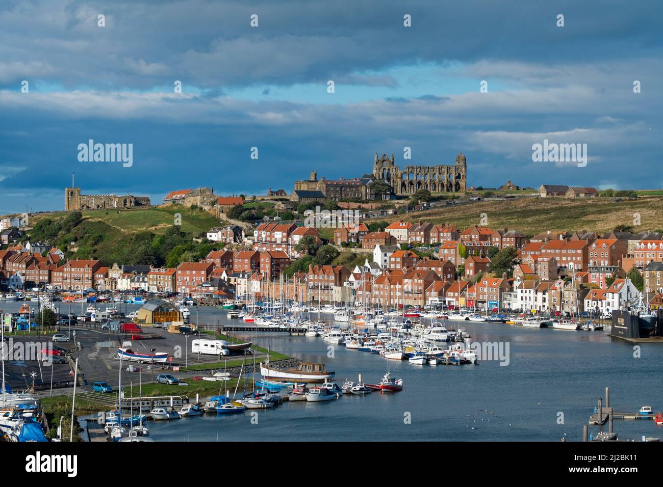 View of Whitby harbour showing the Church and Abbey Stock Photo - Alamy