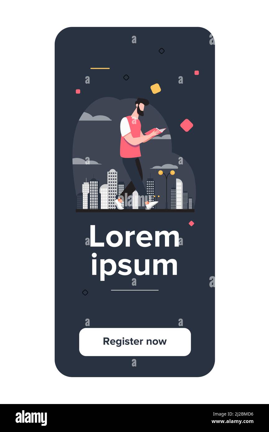 Man reading book while walking in city. Student doing homework on run ...