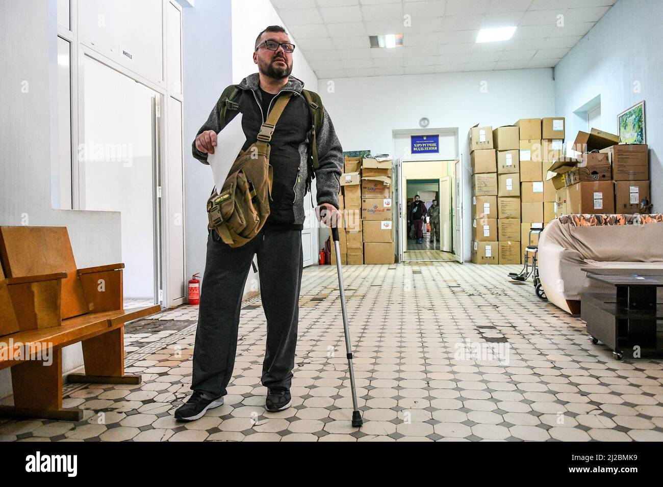 ZAPORIZHZHIA, UKRAINE - MARCH 29, 2022 - A patient with a prosthetic ...