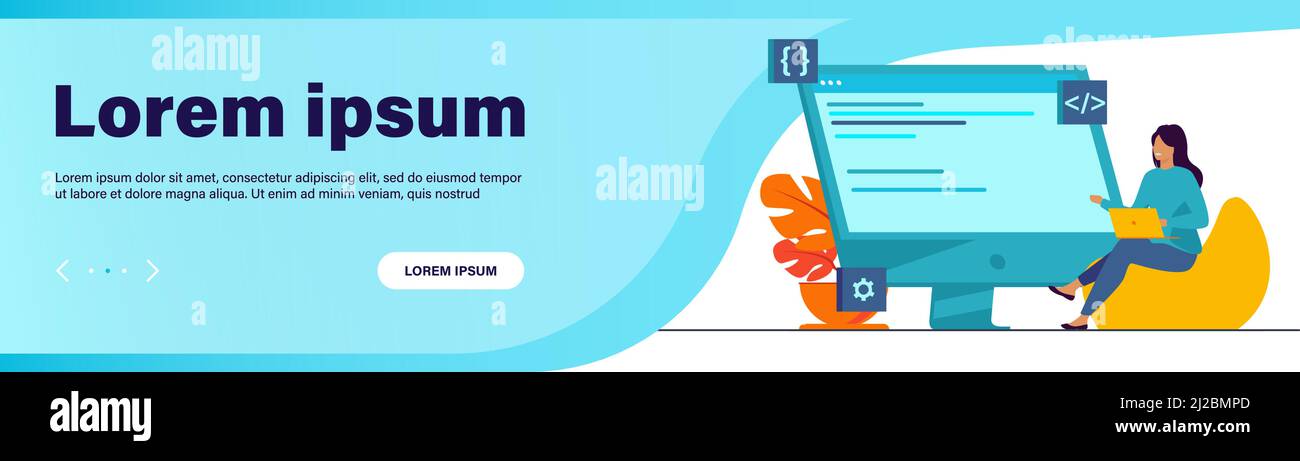 Young tiny girl sitting and coding via laptop. Computer, programmer ...