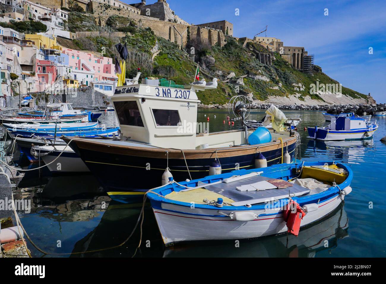 Traditional fishing port, nets, floats, Procida Island, Italy Stock ...