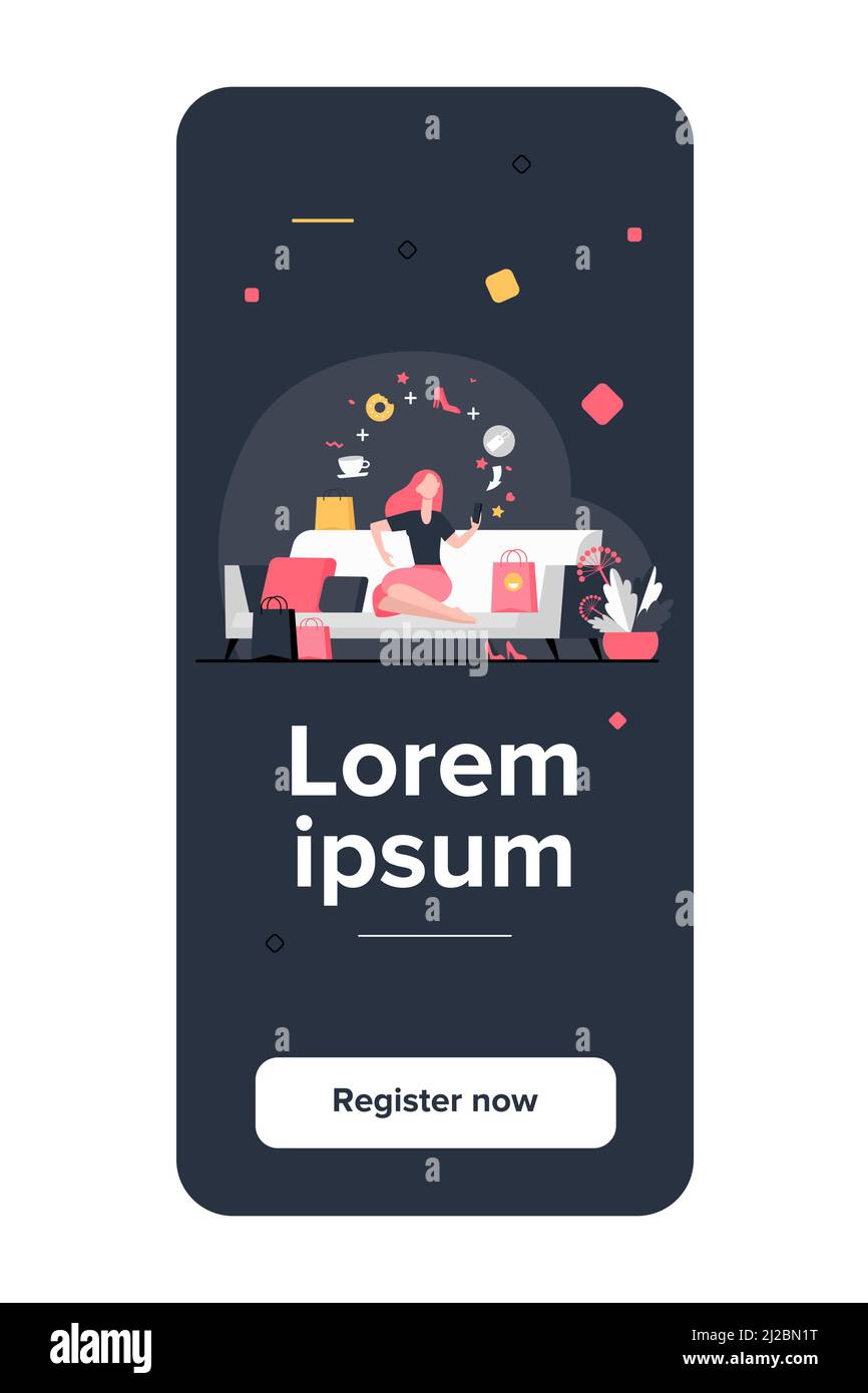 Young woman with smartphone choosing goods isolated flat vector ...