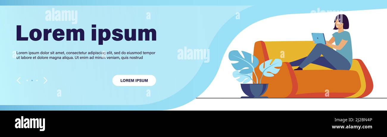 Young woman relaxing at sofa with laptop flat vector illustration. Lady ...