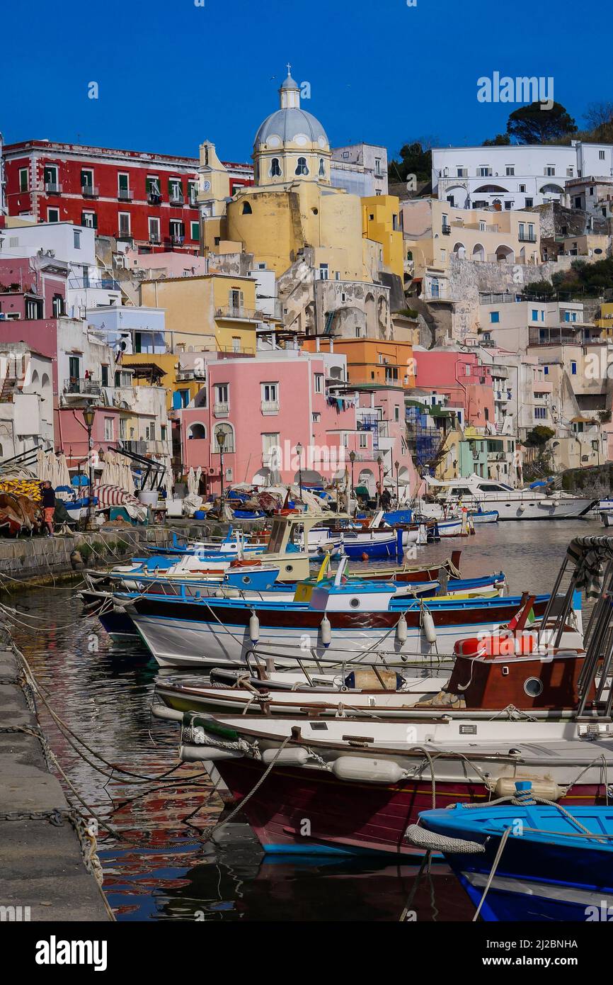 Traditional fishing port, nets, floats, Procida Island, Italy Stock ...