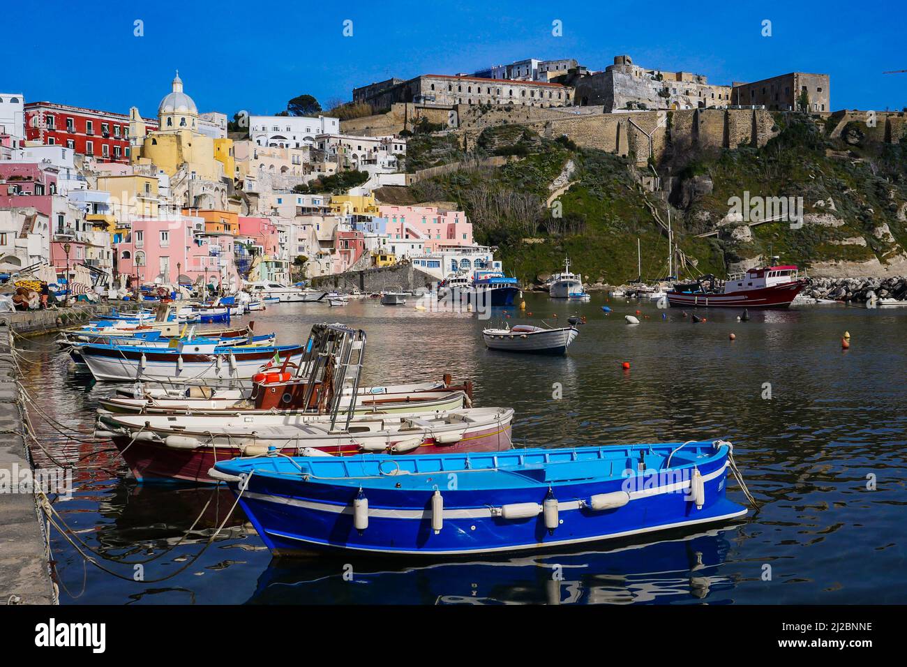 Traditional fishing port, nets, floats, Procida Island, Italy Stock ...