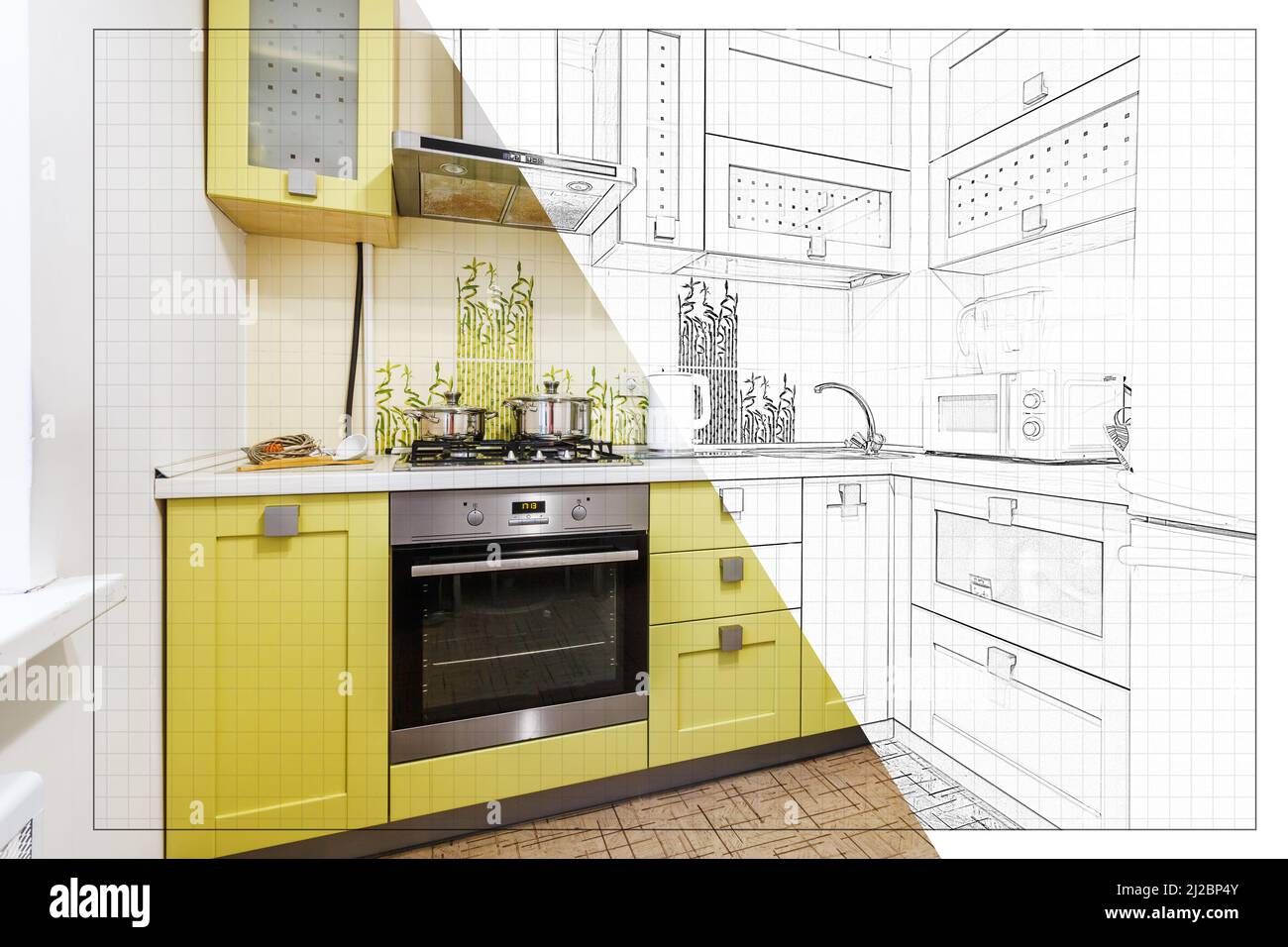 interior of modern kitchen in flat apartment in minimalistic style with ...