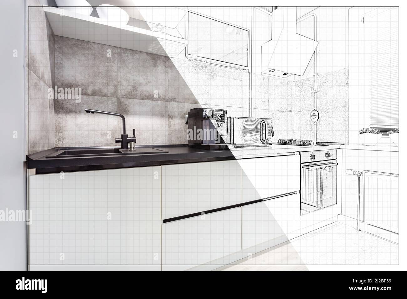 interior of modern kitchen in flat apartment in minimalistic style with ...