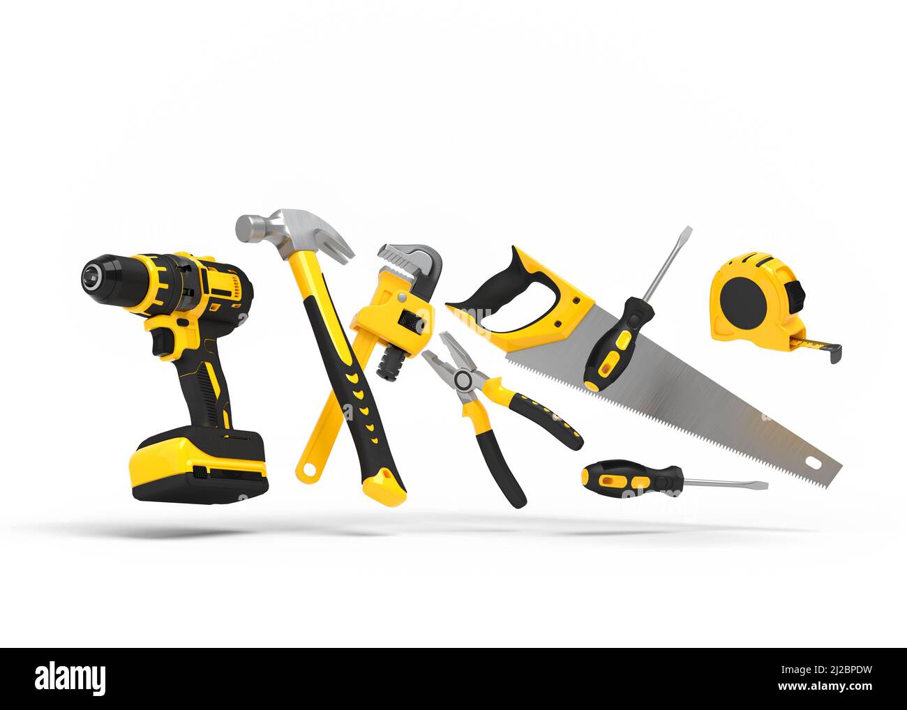 Flying view of yellow construction tools for repair and installation on ...