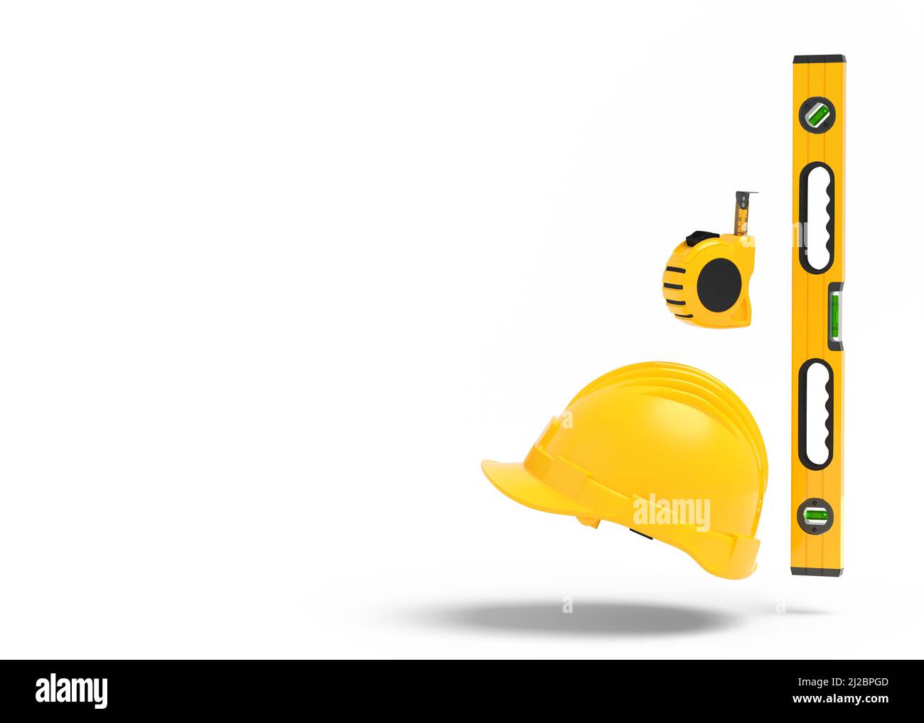 Flying view of yellow construction tools for repair and installation on ...