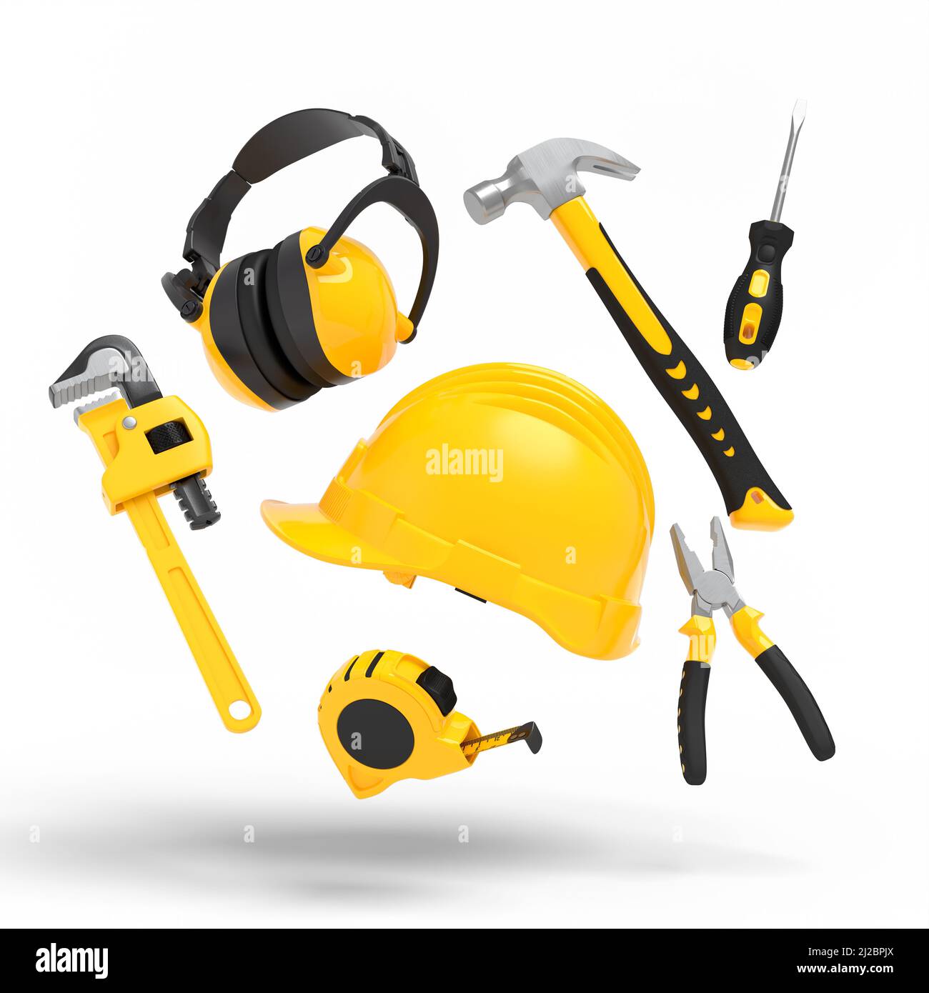 Flying view of yellow construction tools for repair and installation on ...