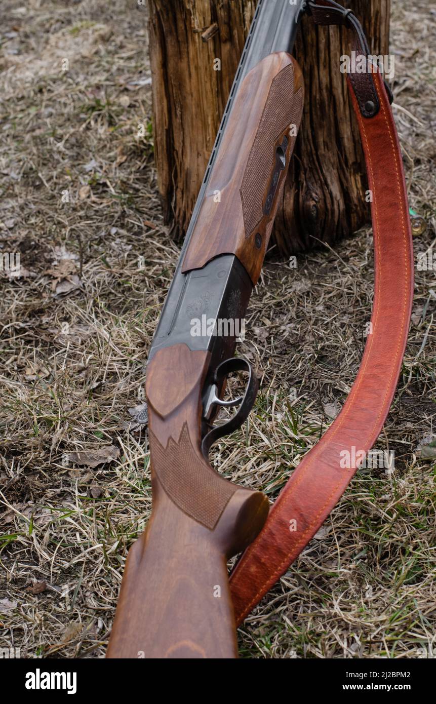 military rifle on ground near wooden stump Stock Photo - Alamy