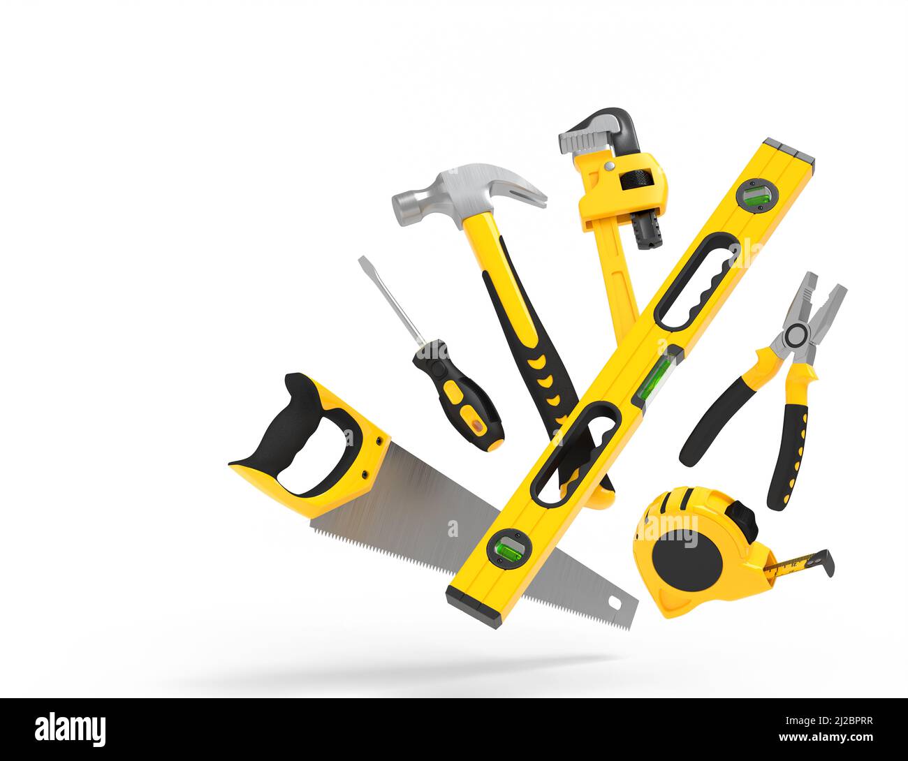 Flying view of yellow construction tools for repair and installation on ...