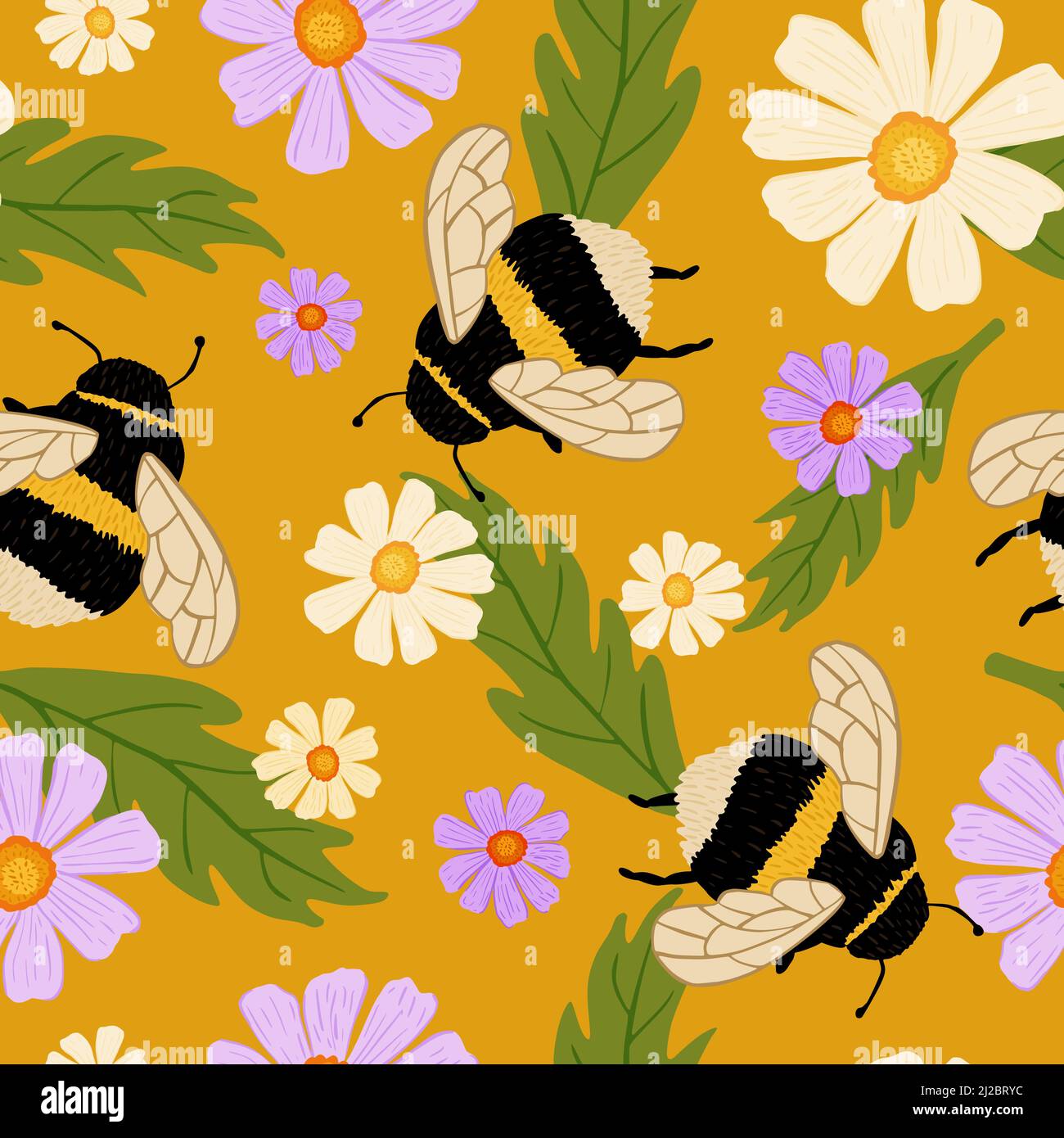 Cute bumblebee on meadow seamless pattern. Bee and flowers wallpaper ...