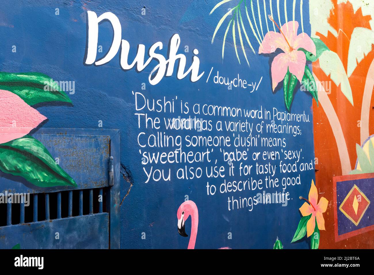 artistic mural of the Papiamentu word "dushi" in Willemstad, Curacao ...