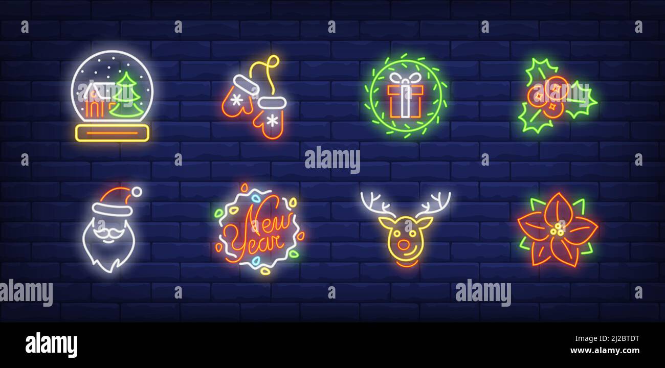 Christmas decoration neon sign set. Reindeer, Santa Claus, poinsettia ...