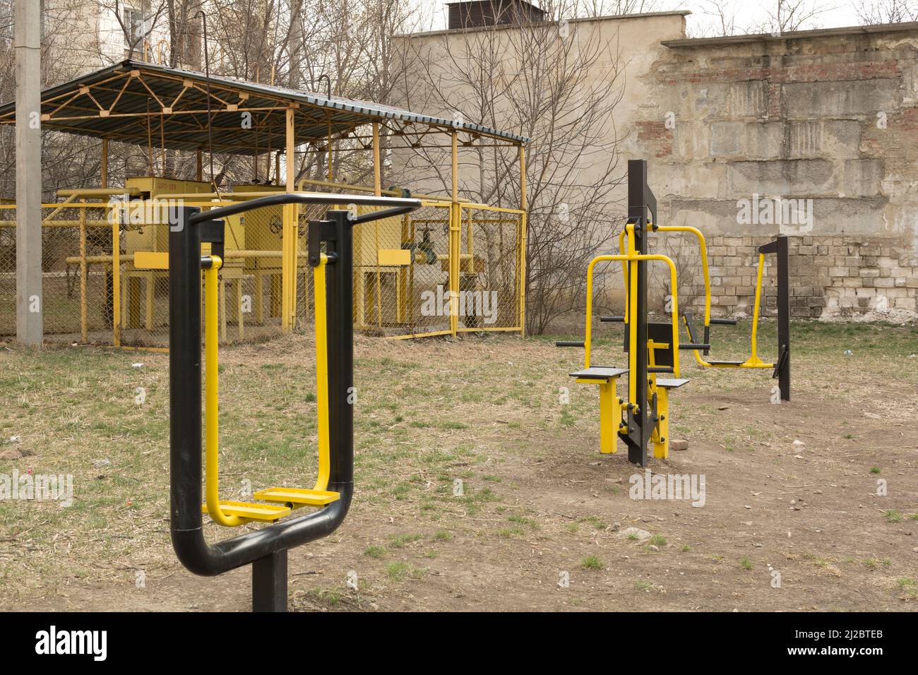 Outdoor gym in the courtyard of apartment buildings. Outdoor fitness ...