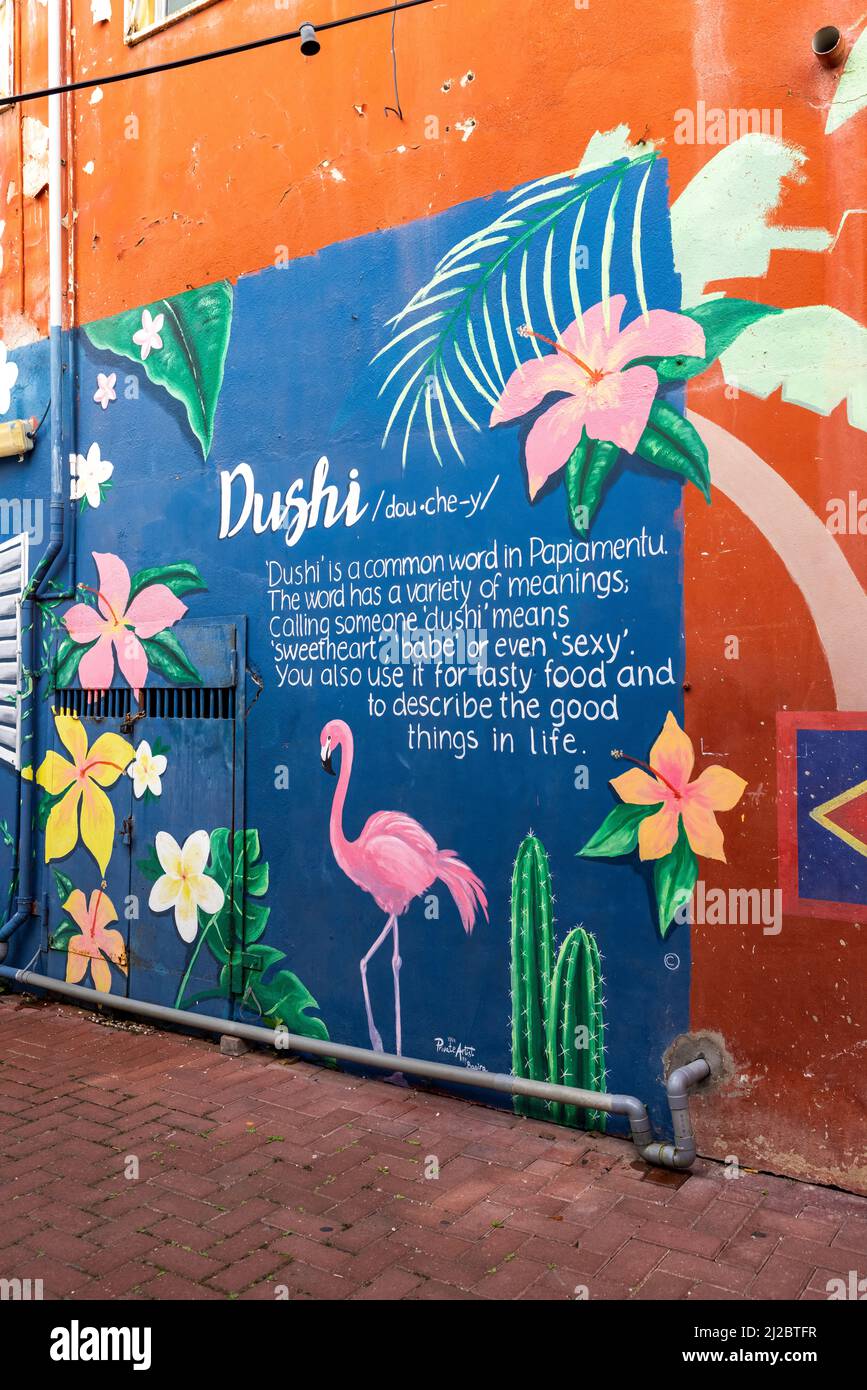 artistic mural of the Papiamentu word "dushi" in Willemstad, Curacao ...