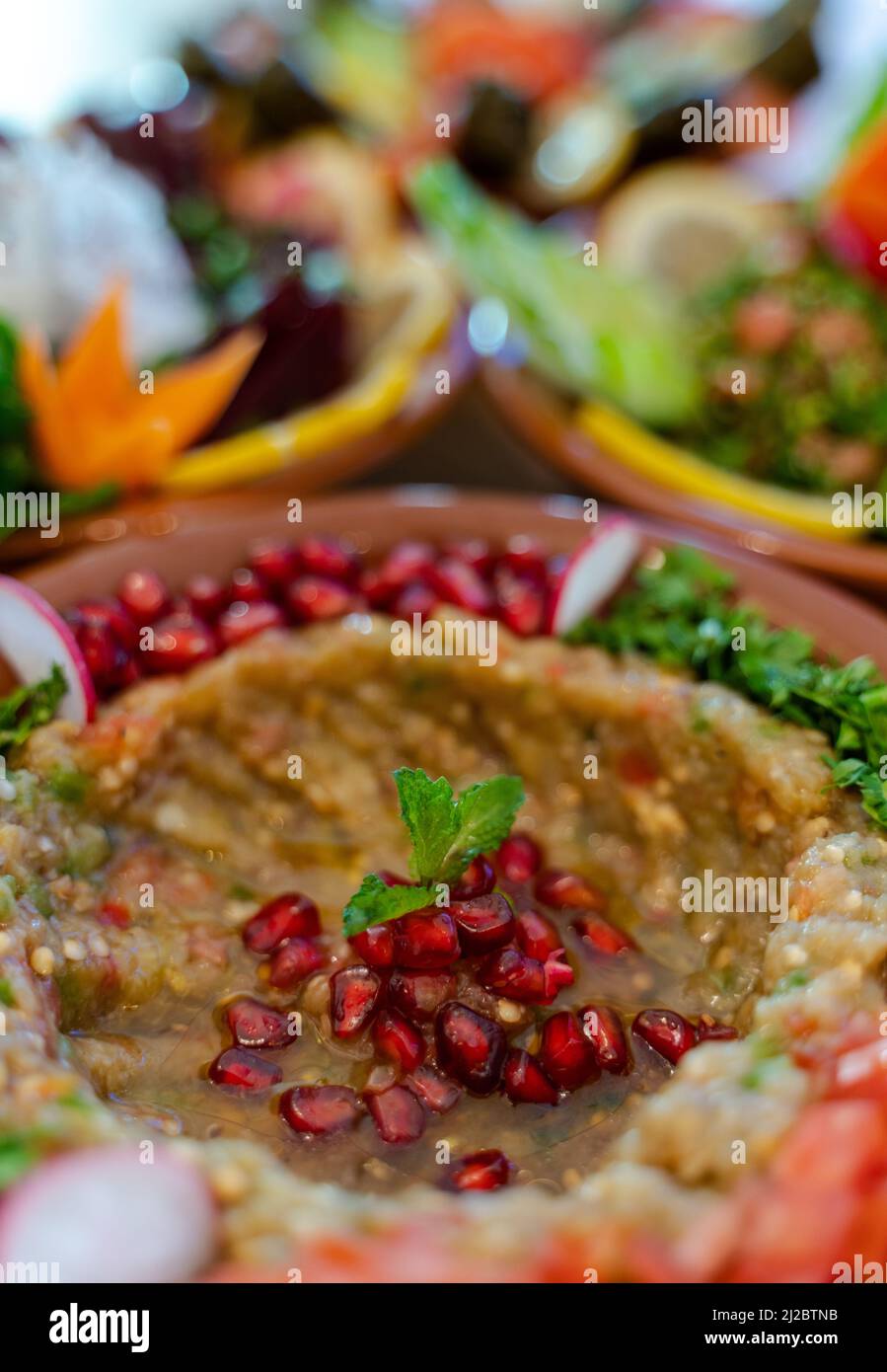 Multiple lebanese appetizers and salads together on the table. focused ...