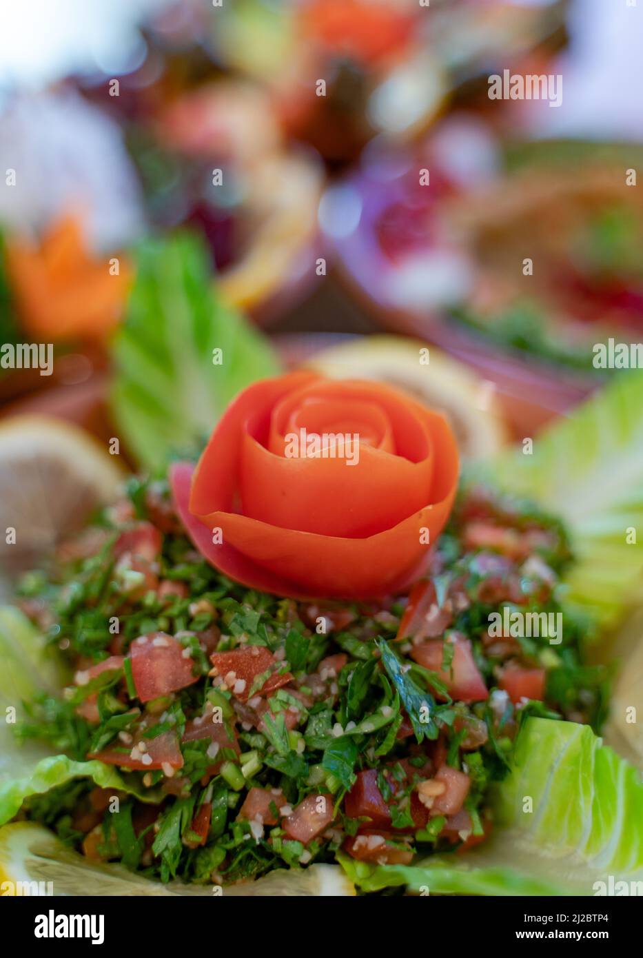 Multiple lebanese appetizers and salads together on the table. focused ...