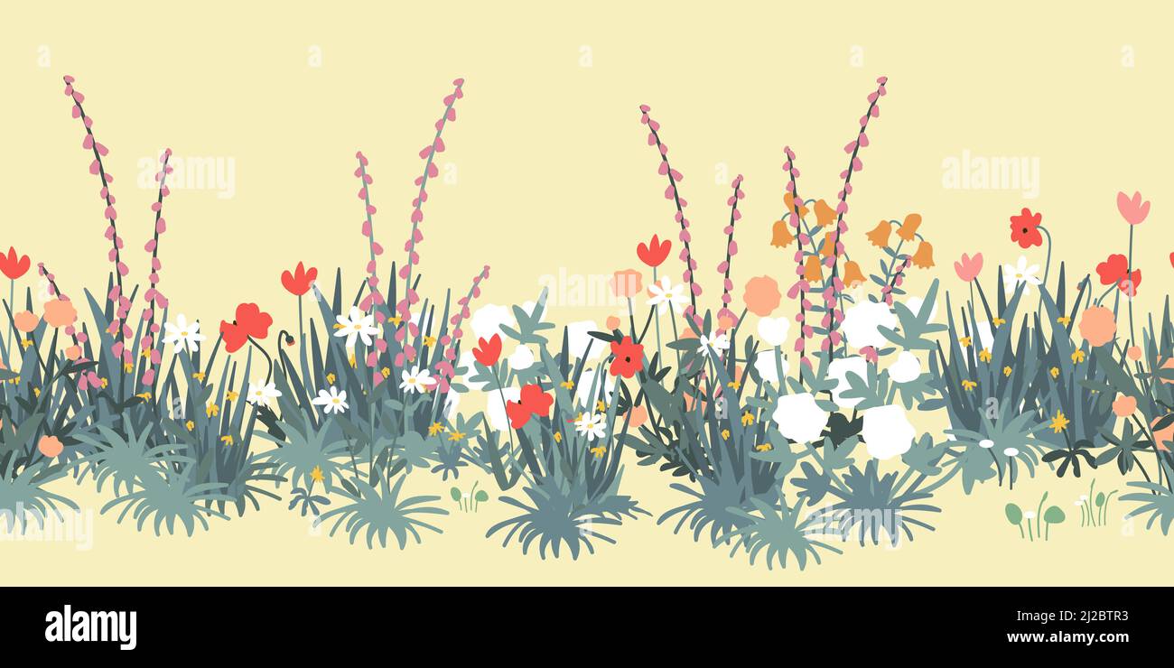 Spring garden seamless border. Meadow flowers and grass blooming ...