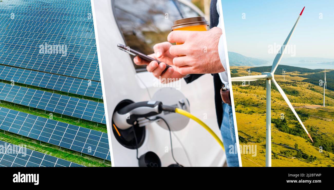 Renewable energy concept with wind mills, solar panel and electric car ...