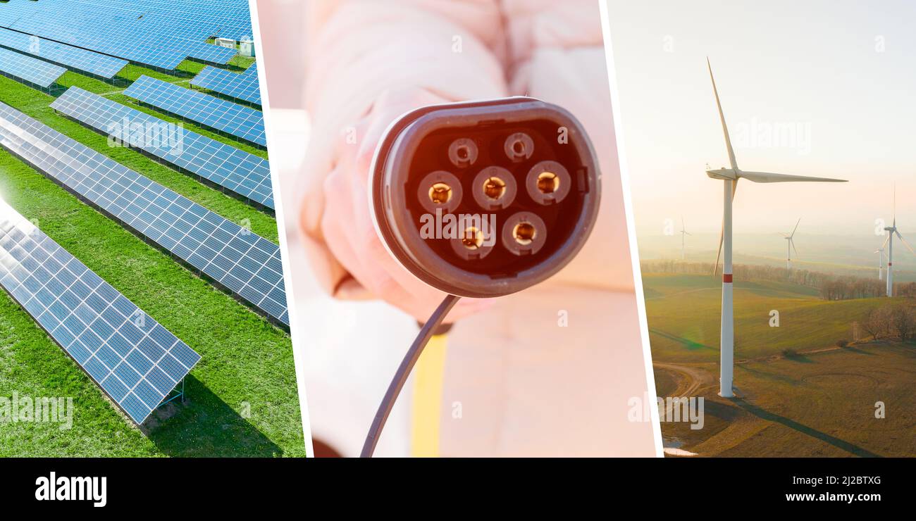 Collage of green energy with solar panels, wind turbine farm and woman ...