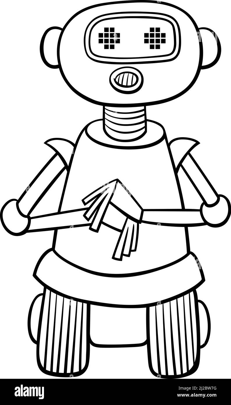 Black and white cartoon illustration of funny red robot or droid ...