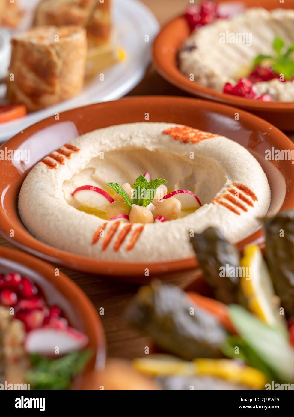 Multiple lebanese appetizers and salads togeather on the table. focused ...