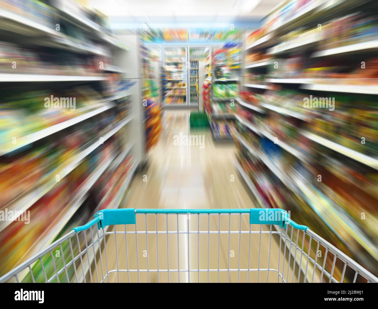 convenience store shelves with shopping cart, motion blur Stock Photo ...