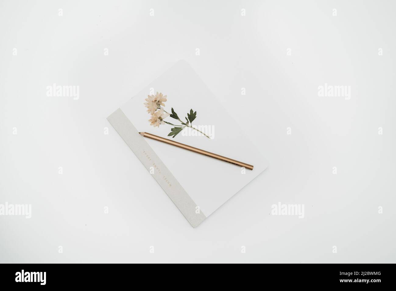 A pencils and a card with a picture of a flower with a white background ...