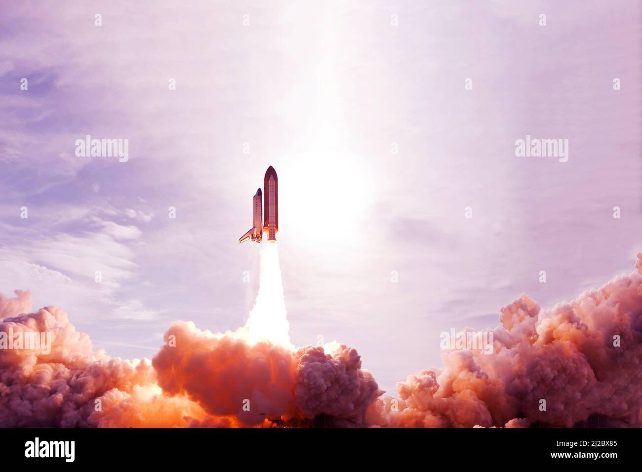 Take off space rocket on a background of blue sky and sun. Elements of ...