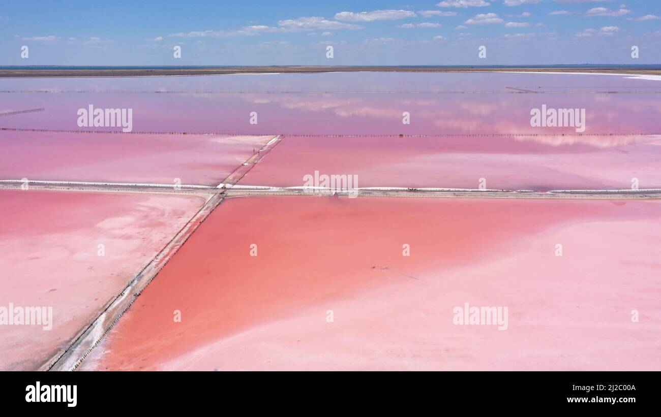 Aerial view of White salt on the shores of the island in Pink Island ...