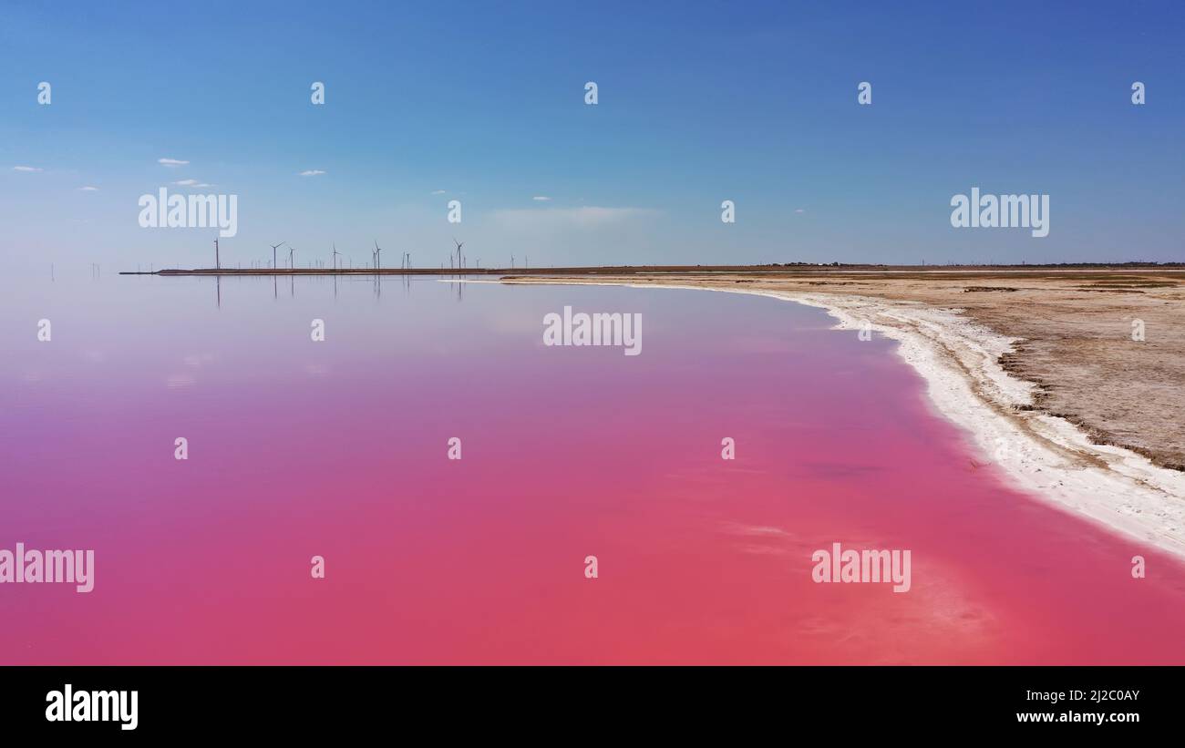 Aerial view of White salt on the shores of the island in Pink Island ...