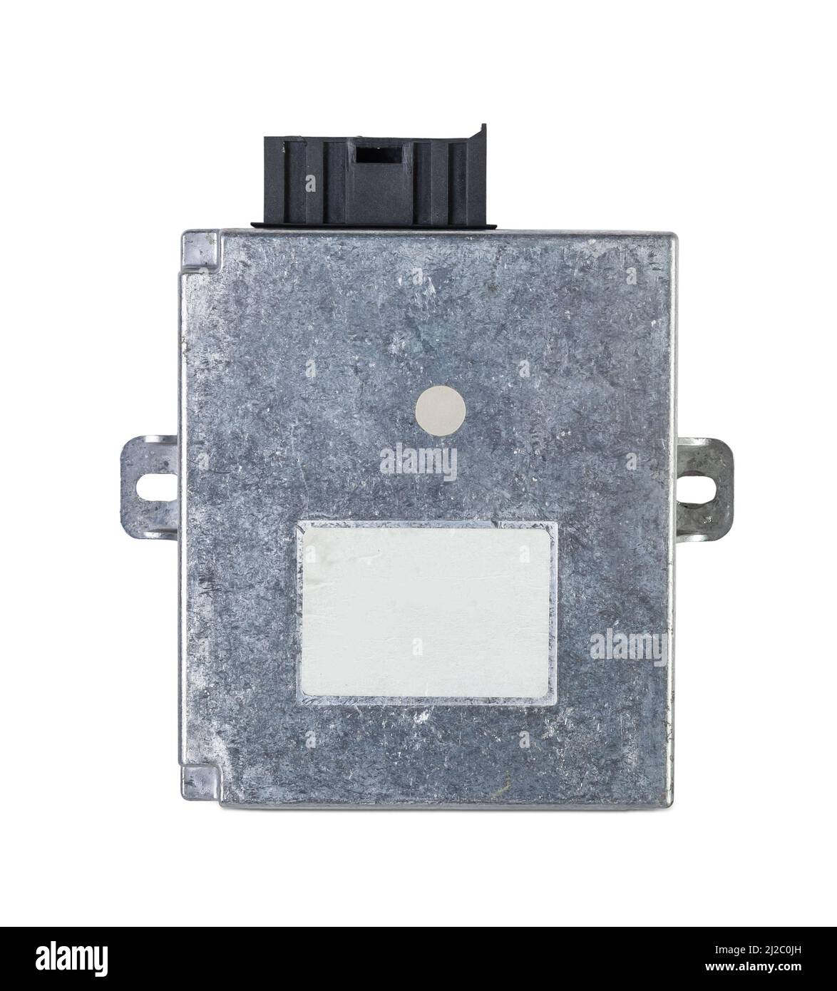 Metal car engine control unit with metal elements on a white isolated ...