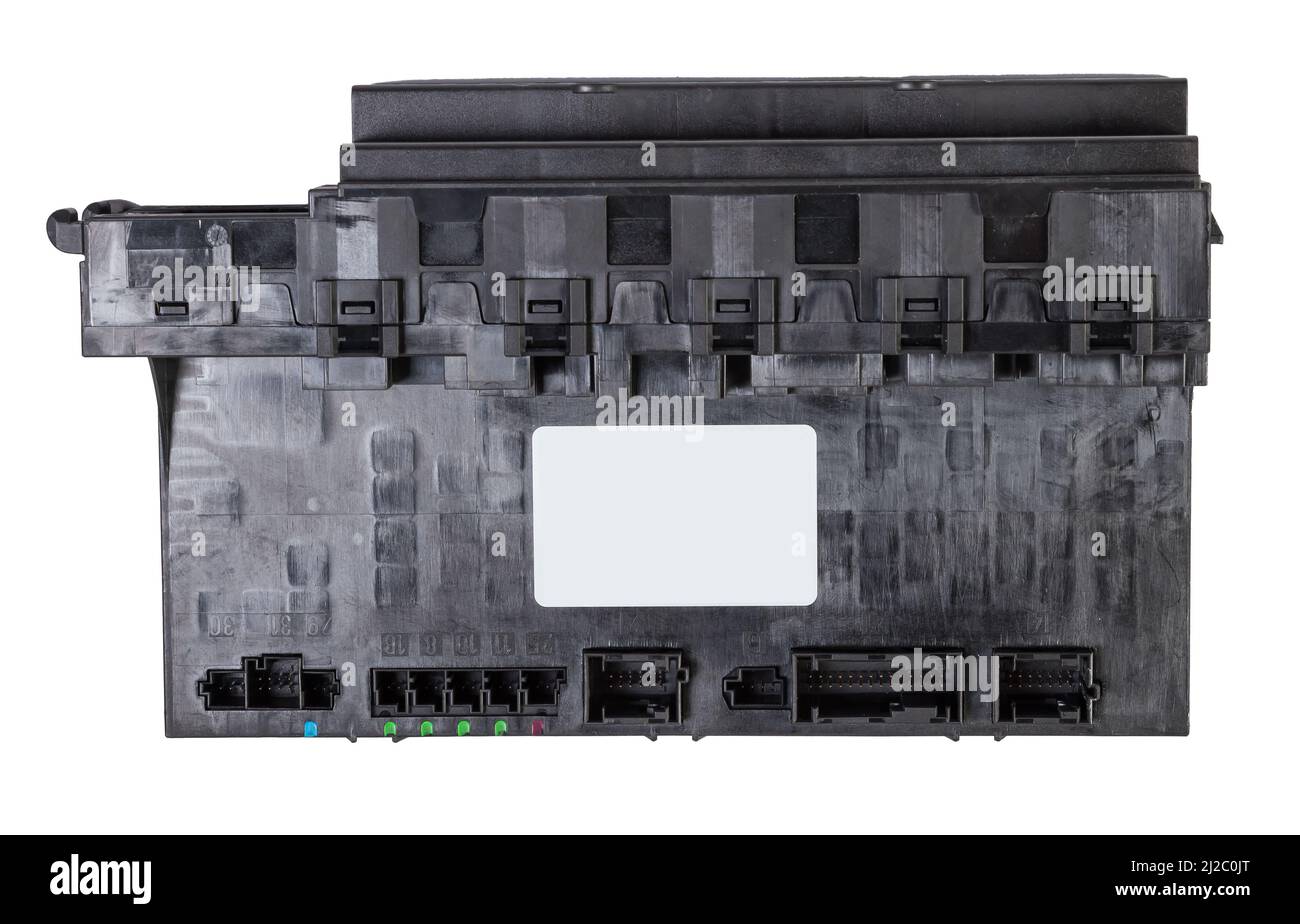 Plastic car engine control unit with metal elements on a white isolated ...