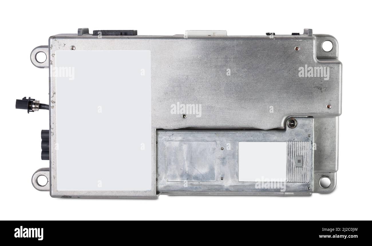 Metal car engine control unit with metal elements on a white isolated ...