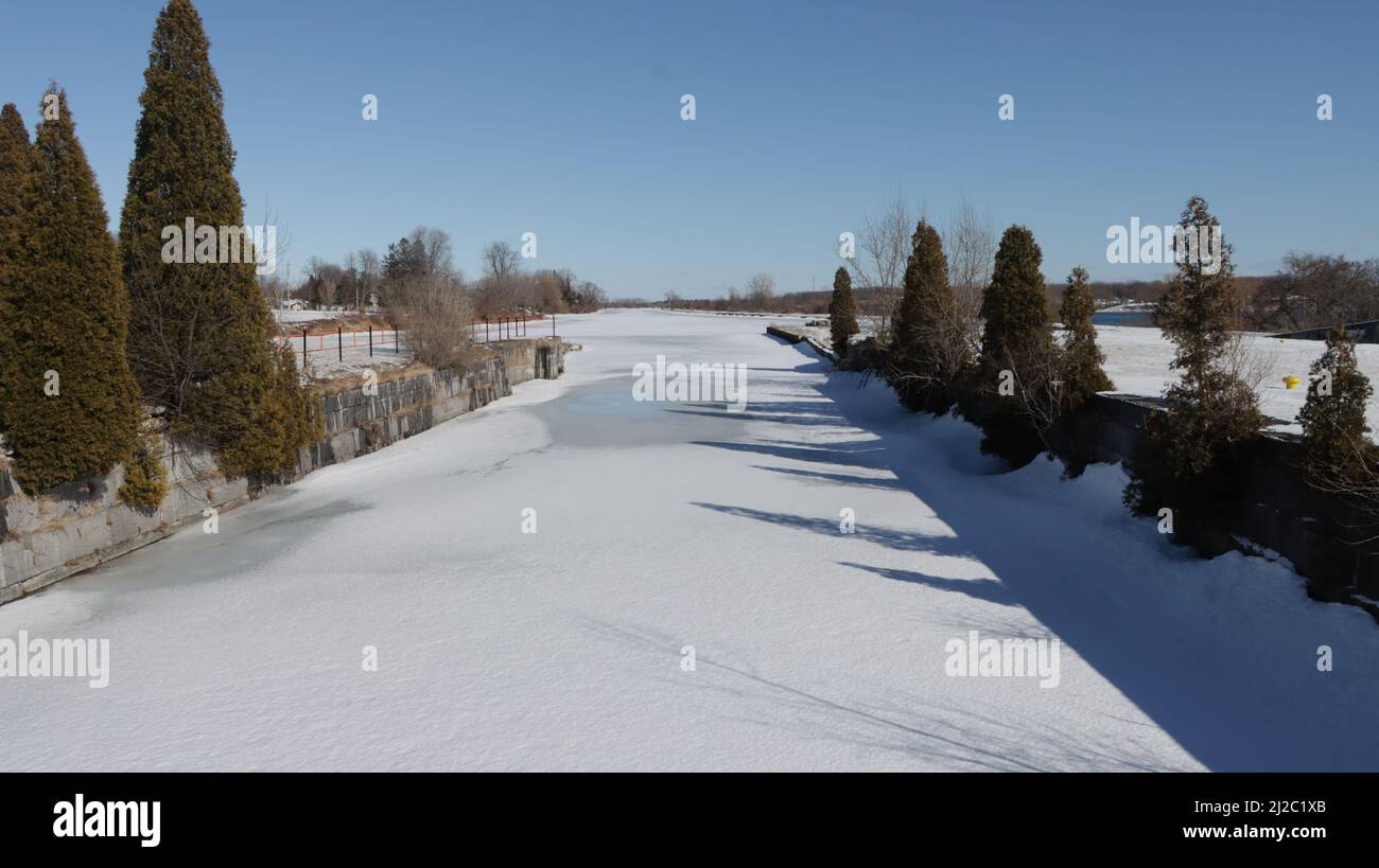 A view of the frozen canal on Cornwall waterfront, Ontario, Canada ...