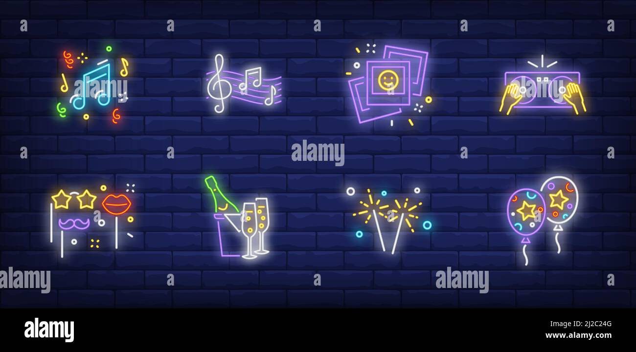 Party neon sign set with air balloons, DJ mixer, music notes, masks on ...
