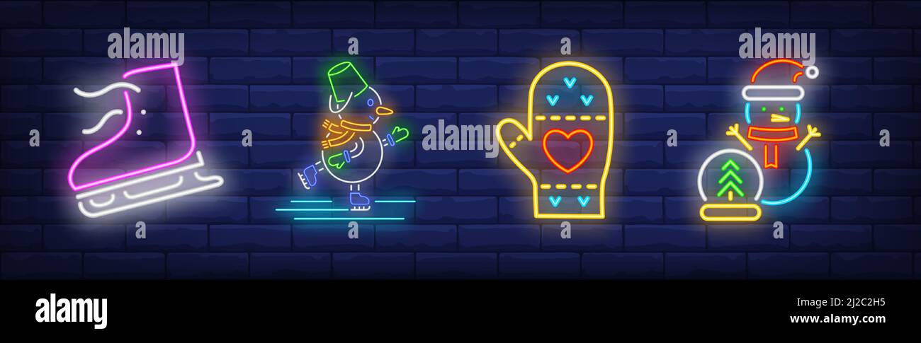 Winter activities neon sign set with snowman, ice skates and mittens ...