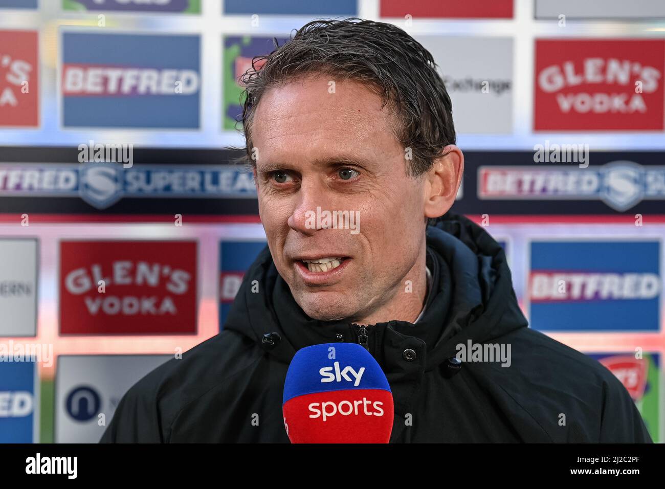 Brett Hodgson head coach of Hull FC speaks to Jenna Brooks of Sky ...